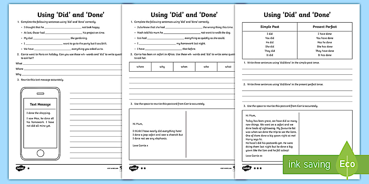 Using 'Did' and 'Done' Differentiated Worksheet Pack - pack