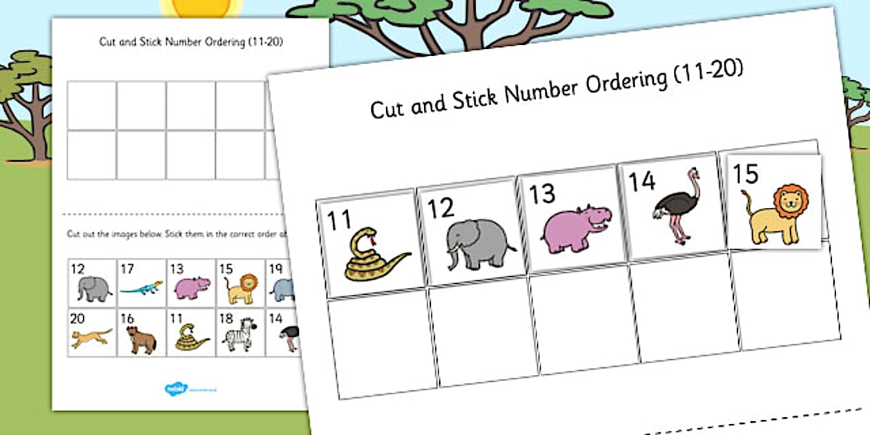 Black and White Safari Themed Cut and Stick Number Ordering Sheets 11-20