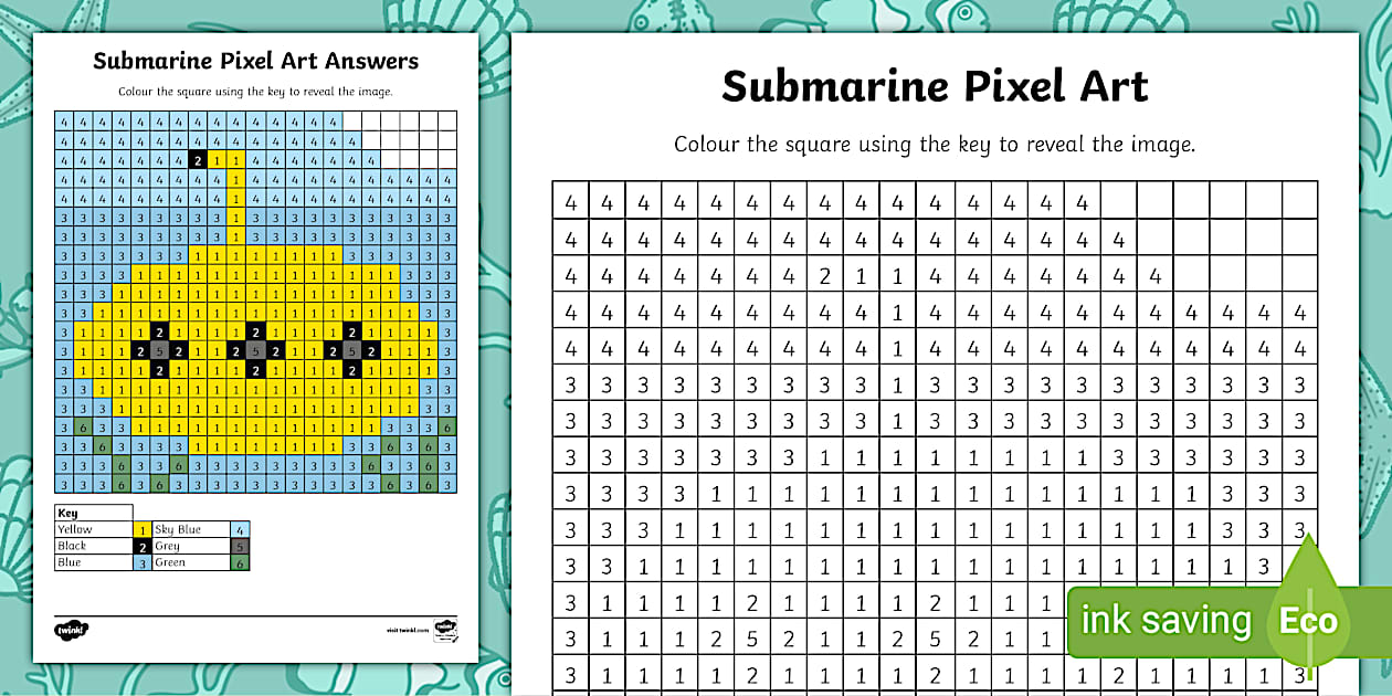 Submarine Pixel Art Template | Twinkl KS1 | Colour-by-Number