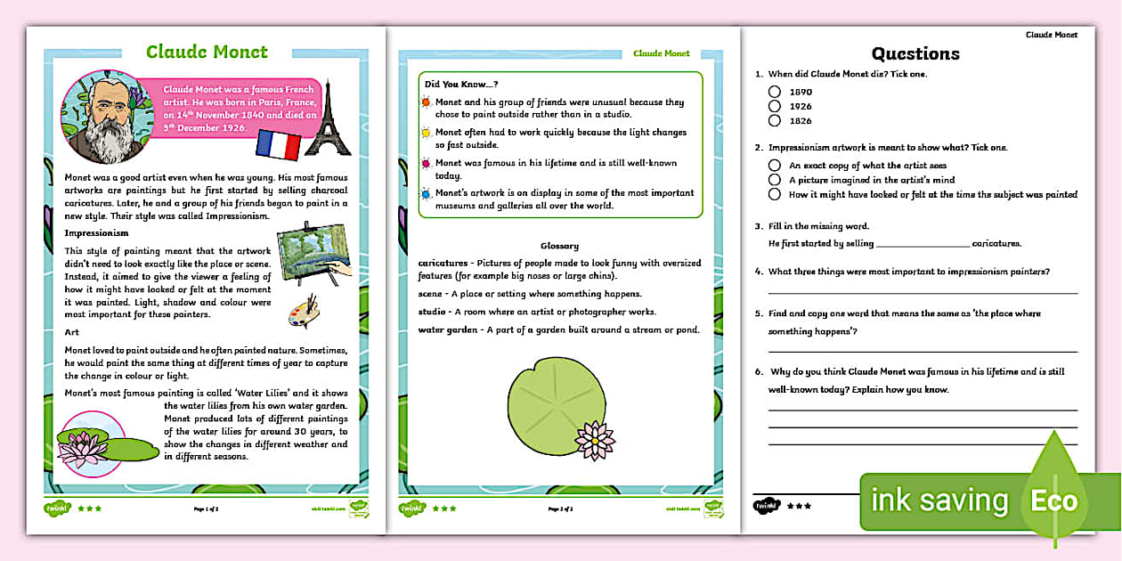 KS1 Claude Monet Reading Comprehension - Twinkl