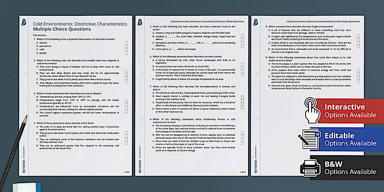 GCSE AQA Cold Environments Distinctive Characteristics MCQs