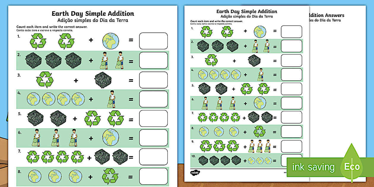 Earth Day Simple Addition Worksheet / Worksheet English/Portuguese