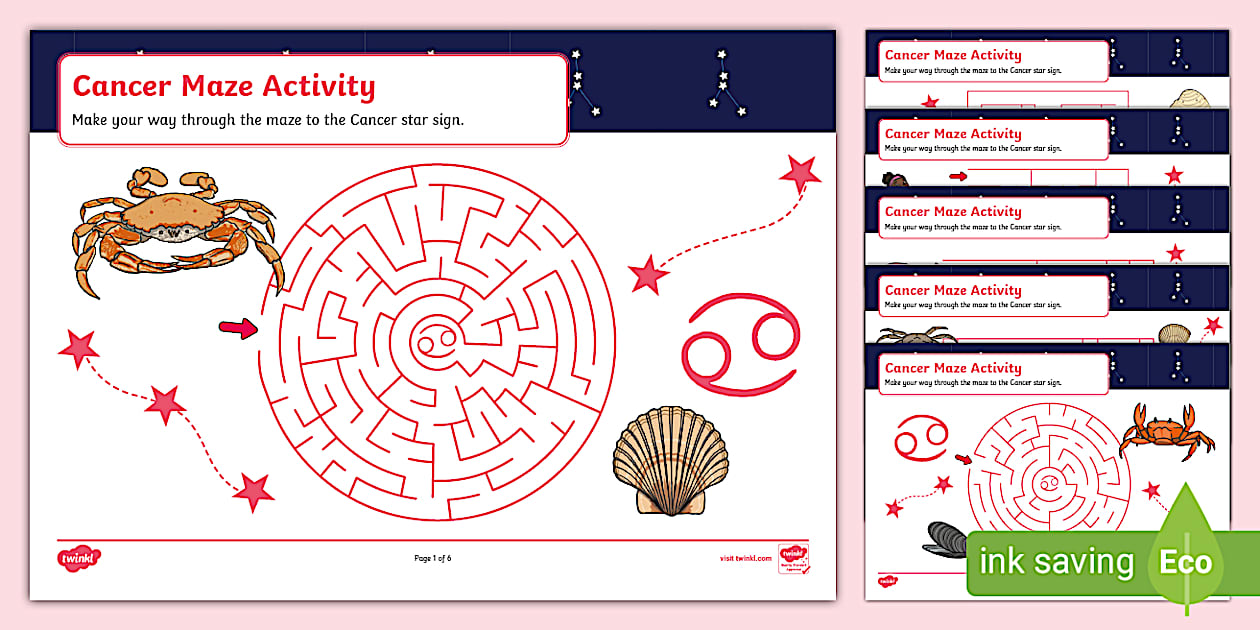 Cancer Star Sign Themed Maze Activity Worksheets - Twinkl