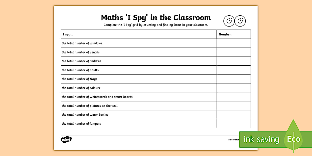 CfE First Level Maths ‘I Spy’ in the Classroom Worksheet