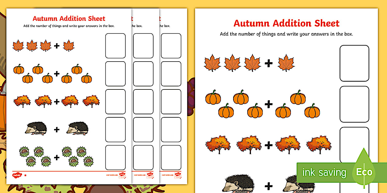 Autumn Addition Sheet (teacher made) - Twinkl