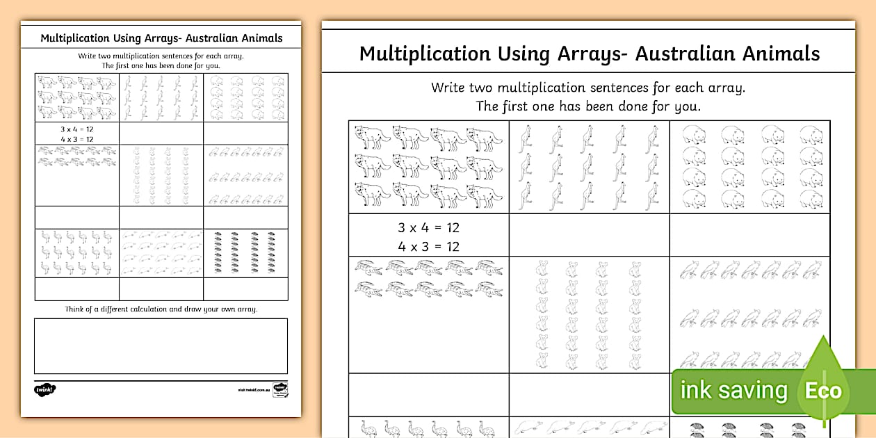 Multiplication Using Arrays Australian Animals Worksheet