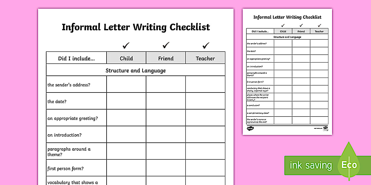 Editable Y5/Y6 Informal Letter Writing Checklist - Twinkl