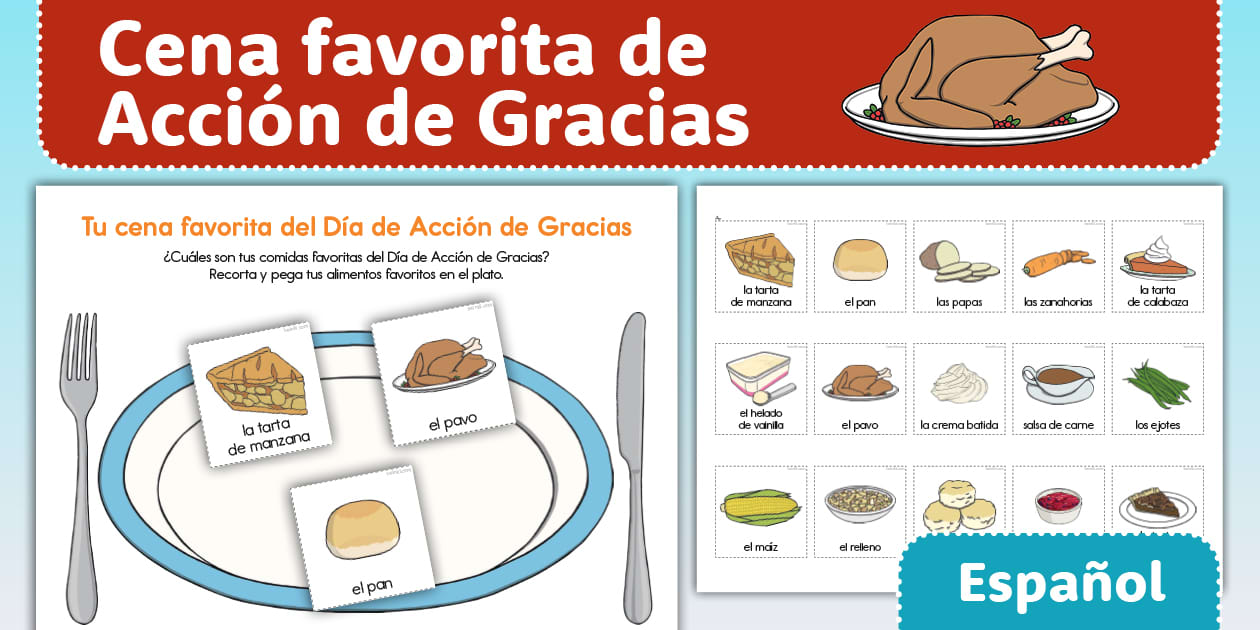 Hoja de trabajo de cortar y pegar sobre el Día de Acción de Gracias