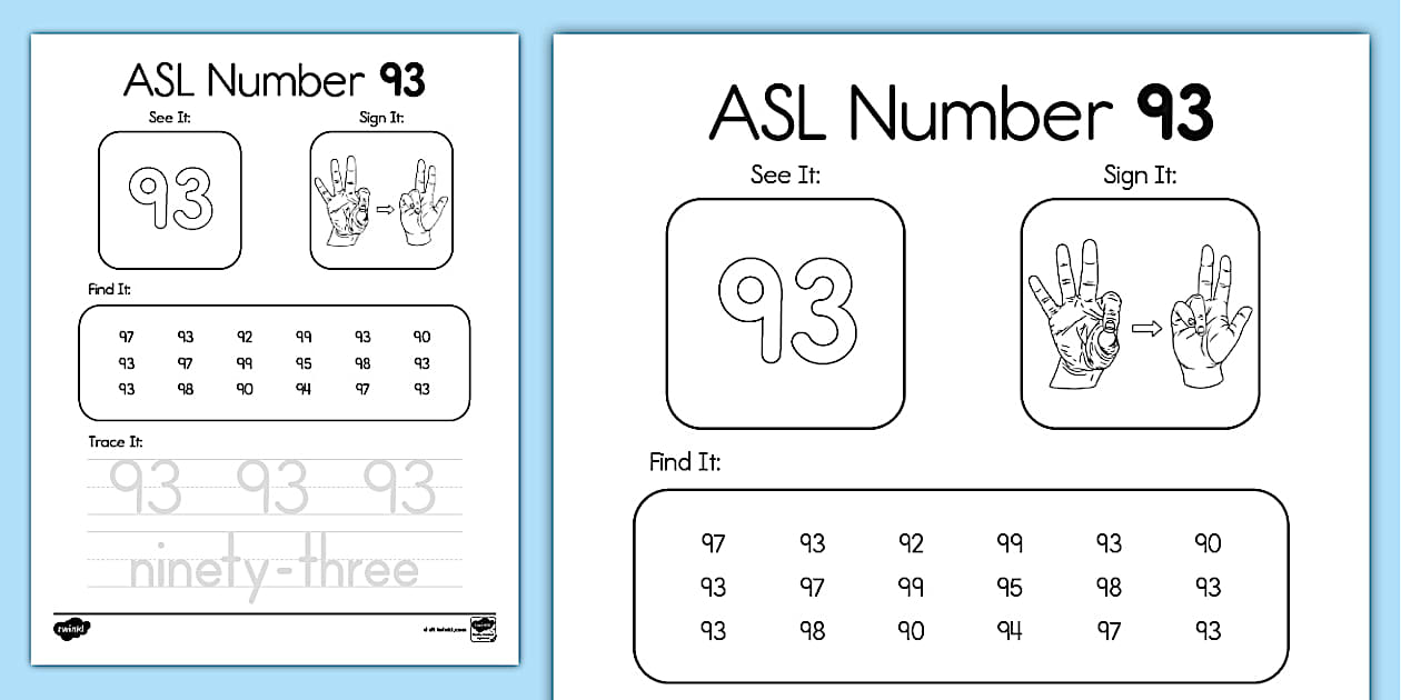 ASL Number 93 Activity Worksheet (Teacher-Made) - Twinkl