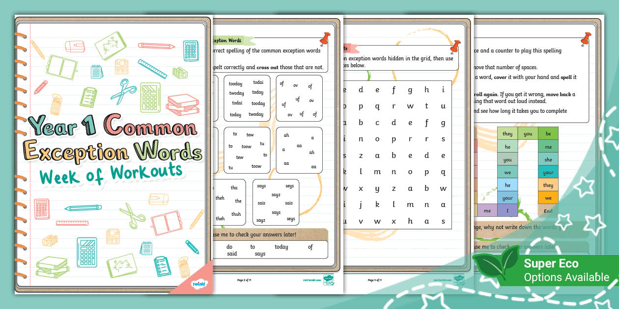 Year 1 Common Exception Words Week of Workouts