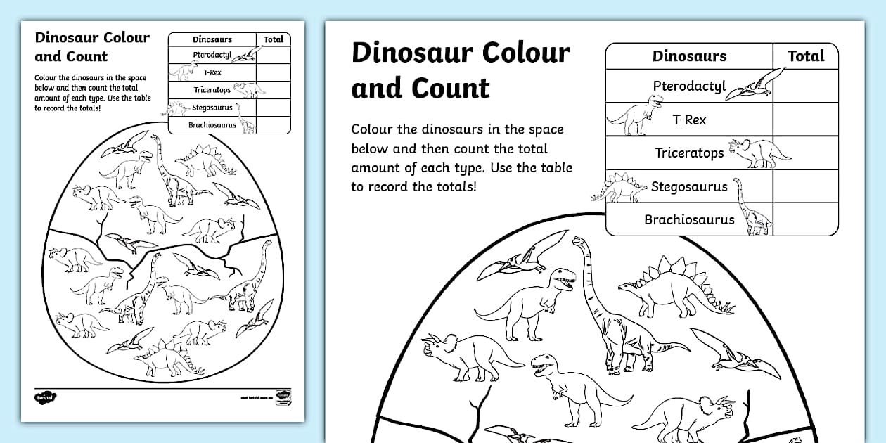 Dinosaur Colour and Count Worksheet (teacher made) - Twinkl