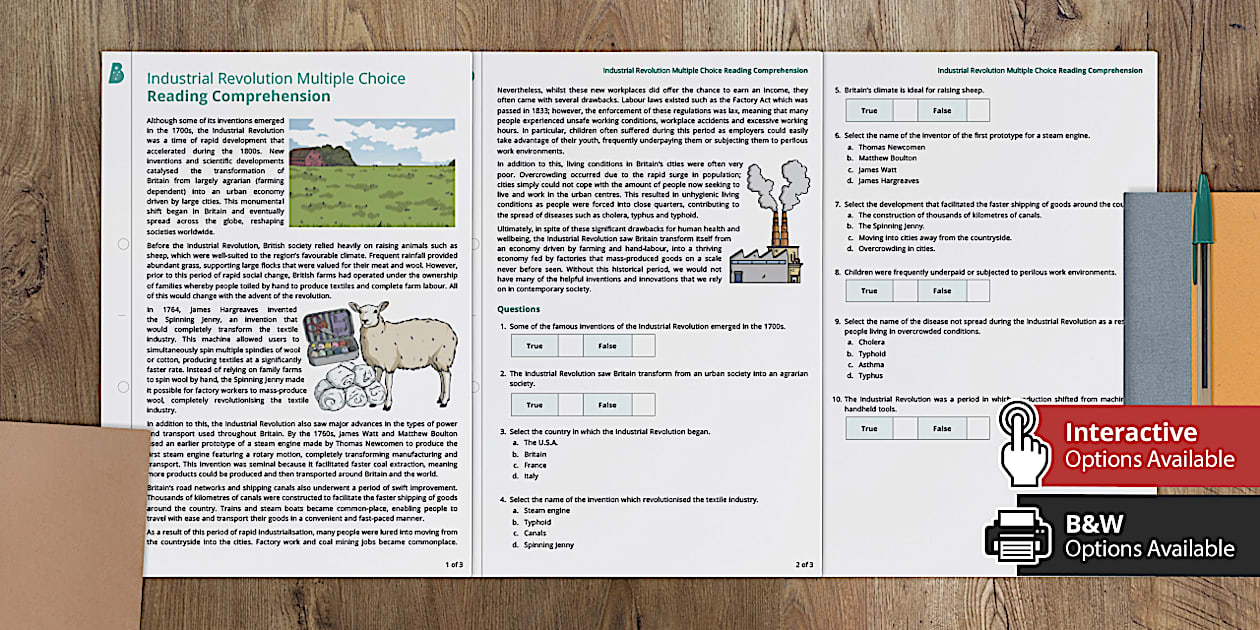 Industrial Revolution Multiple Choice Reading Comprehension
