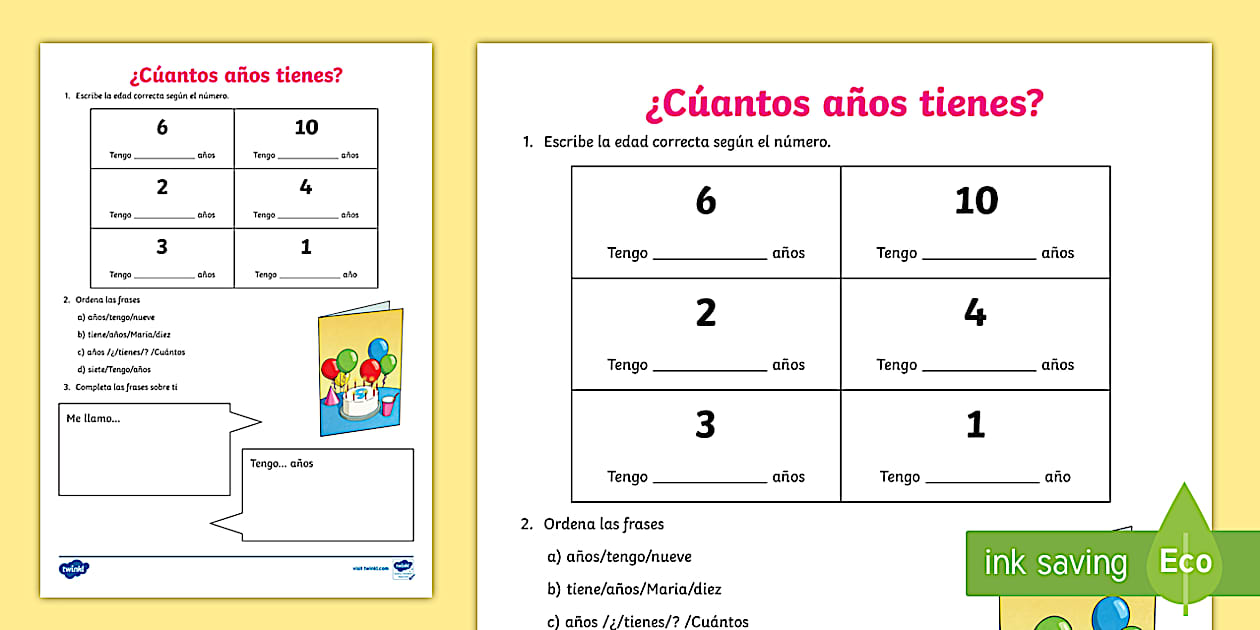 Age and Numbers Worksheet / Worksheet Spanish - Twinkl
