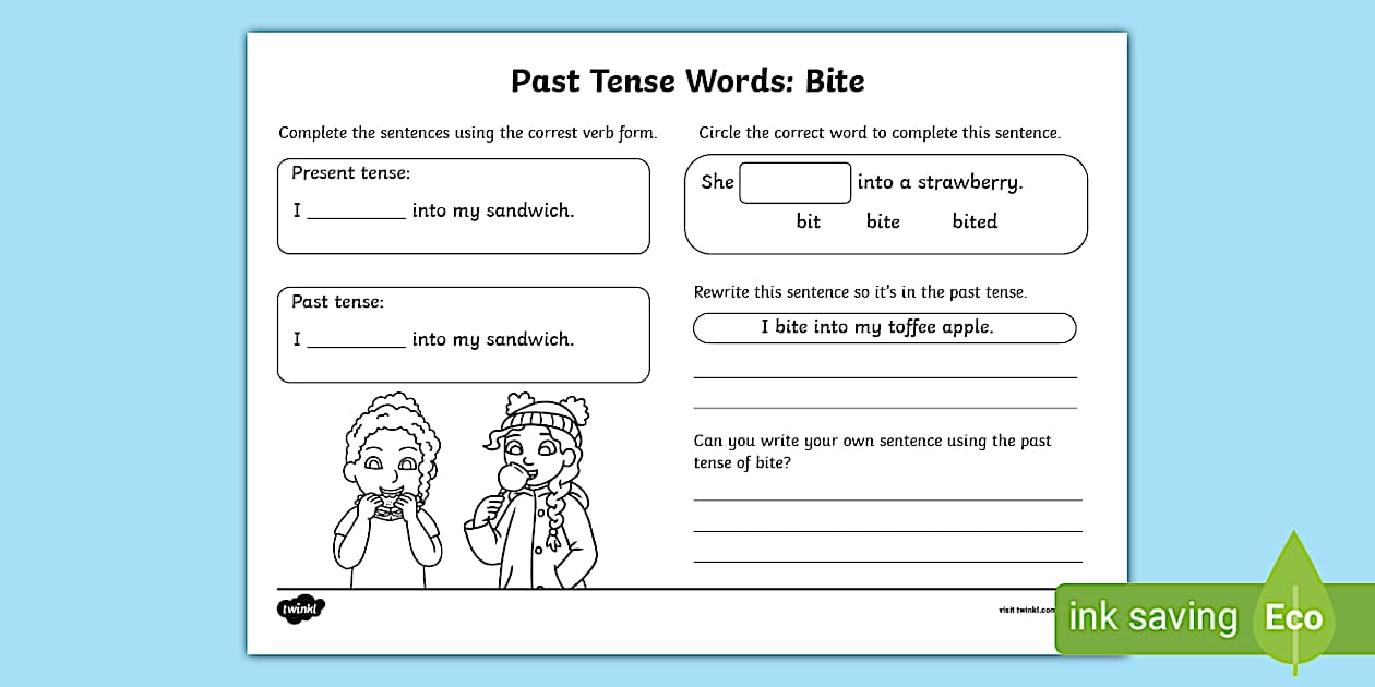 Past Tense Words - Bite Worksheet (Teacher-Made) - Twinkl