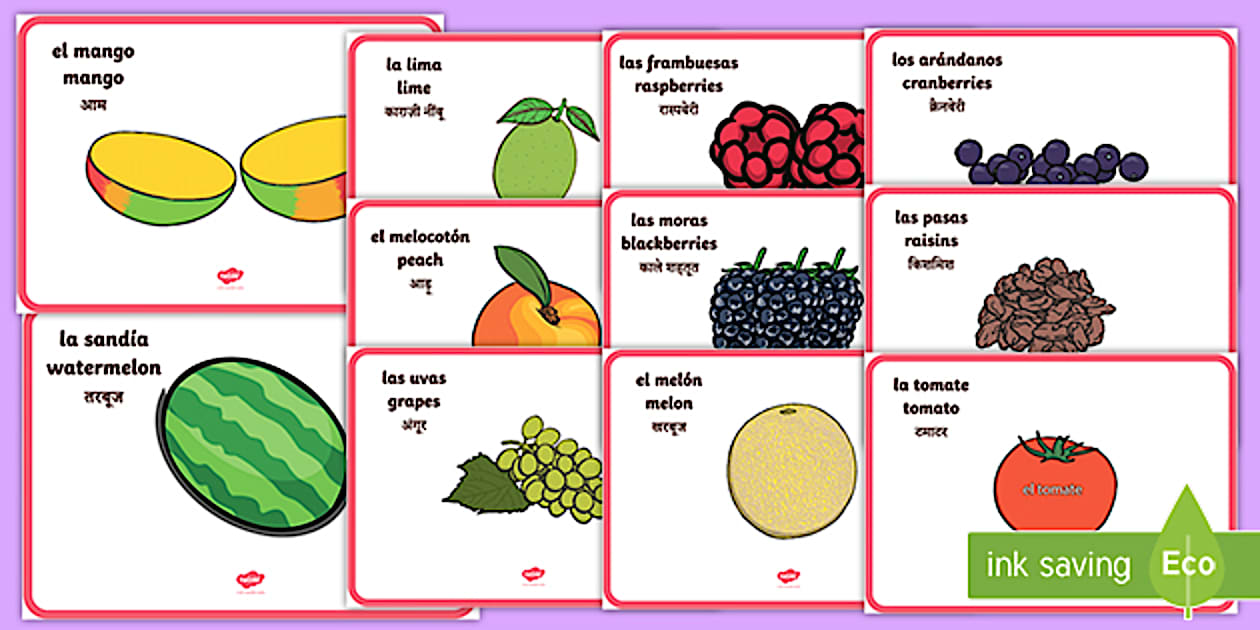 Fruits and their name - Spanish/English/Hindi (teacher made)