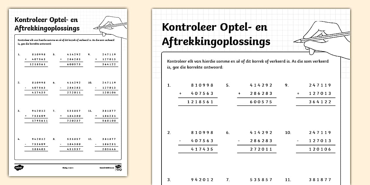 Graad 7: Kontroleer Optel- en Aftrekkingoplossings - Twinkl