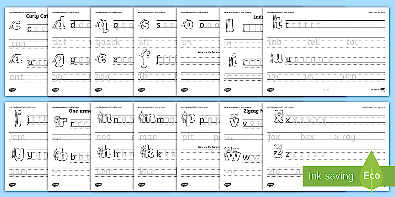 QLD Letter Families and CVC Words Handwriting Worksheets