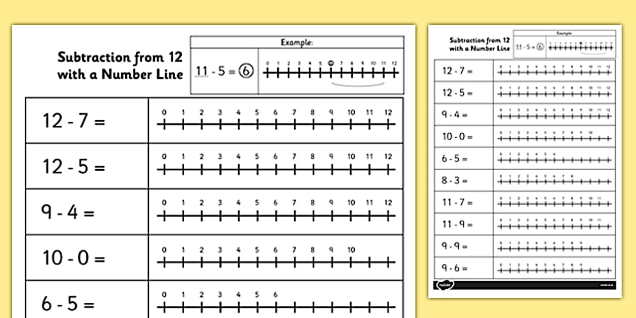 Subtraction from 12 with a Number Line Worksheet / Worksheet