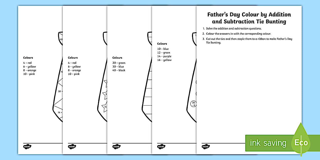 Father's Day Colour by Addition and Subtraction Tie Bunting Colouring Pages