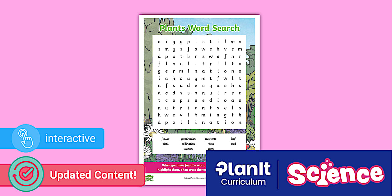 Y3 Plants: Interactive PDF Home Learning: Word Search