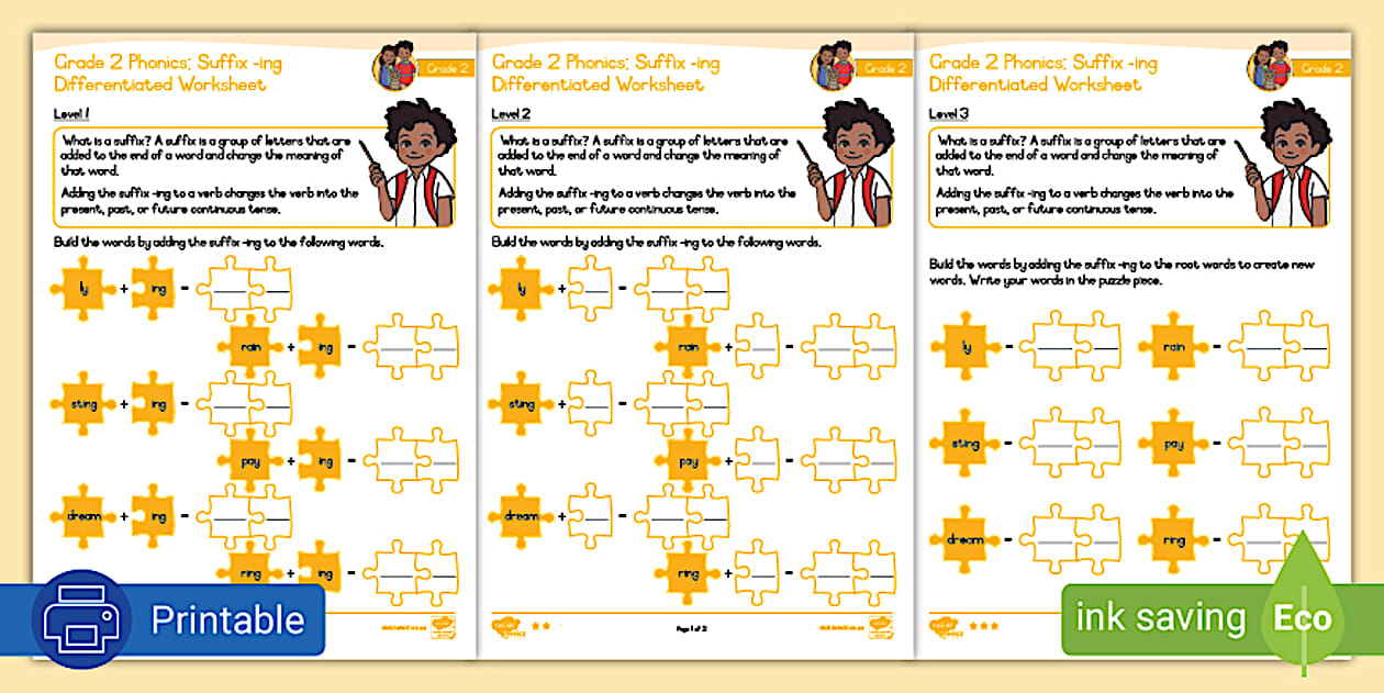 Grade 2 Phonics: Suffix -ing: Differentiated Worksheets