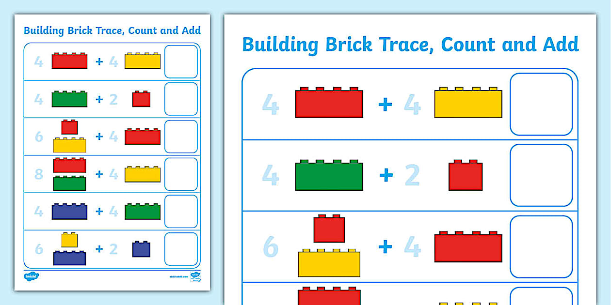 Building Brick Trace Count and Add Worksheet (teacher made)