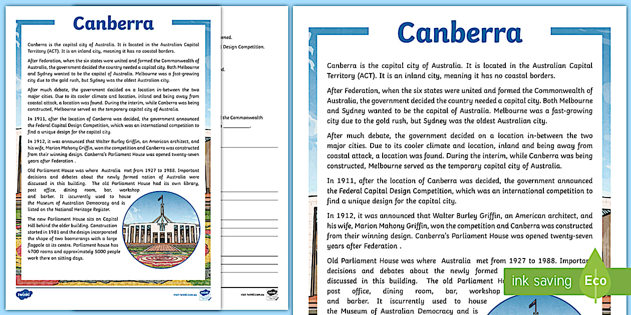Black and White Canberra Reading Comprehension Activity