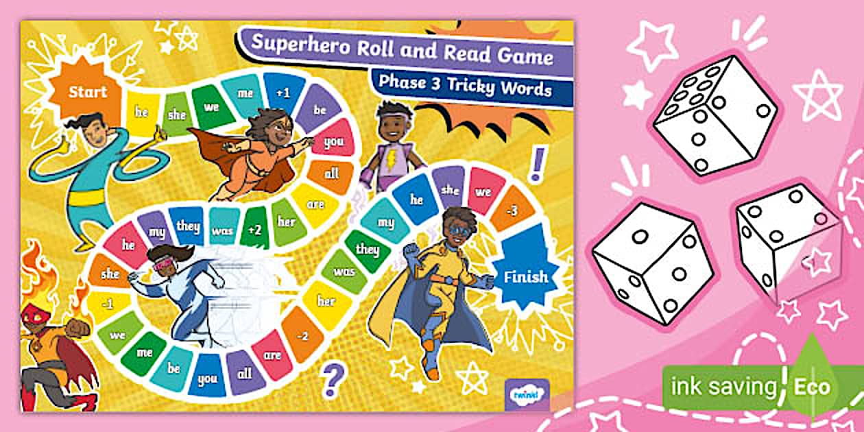 Superhero Roll and Read Phase 3 Tricky Words Game - Twinkl