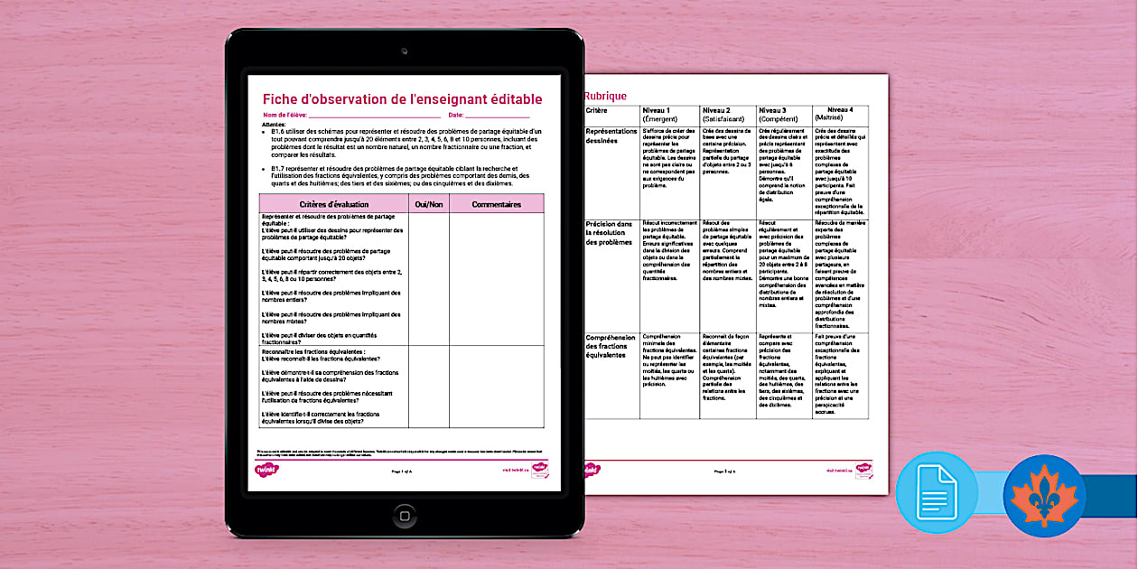 Grade 3 Fractions Editable Observation Sheet & Rubric French