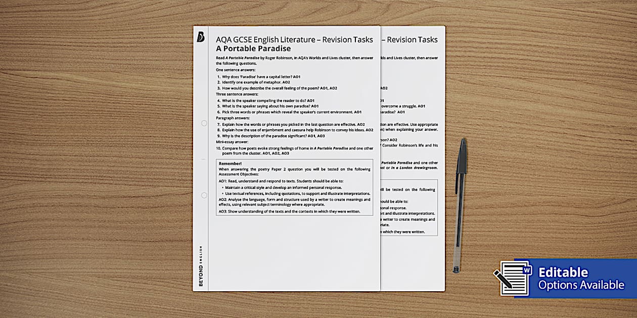 A Portable Paradise Differentiated Revision Tasks - Twinkl