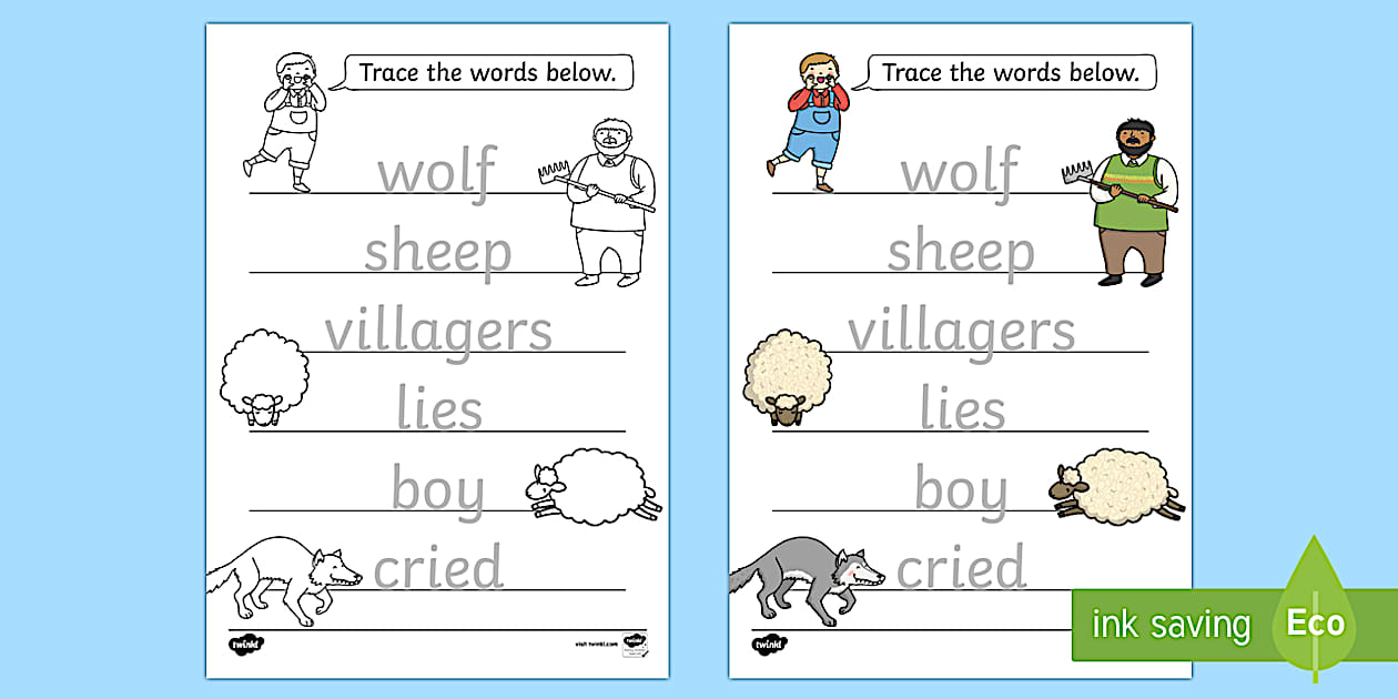 Cursive The Boy Who Cried Wolf Trace the Words Worksheets