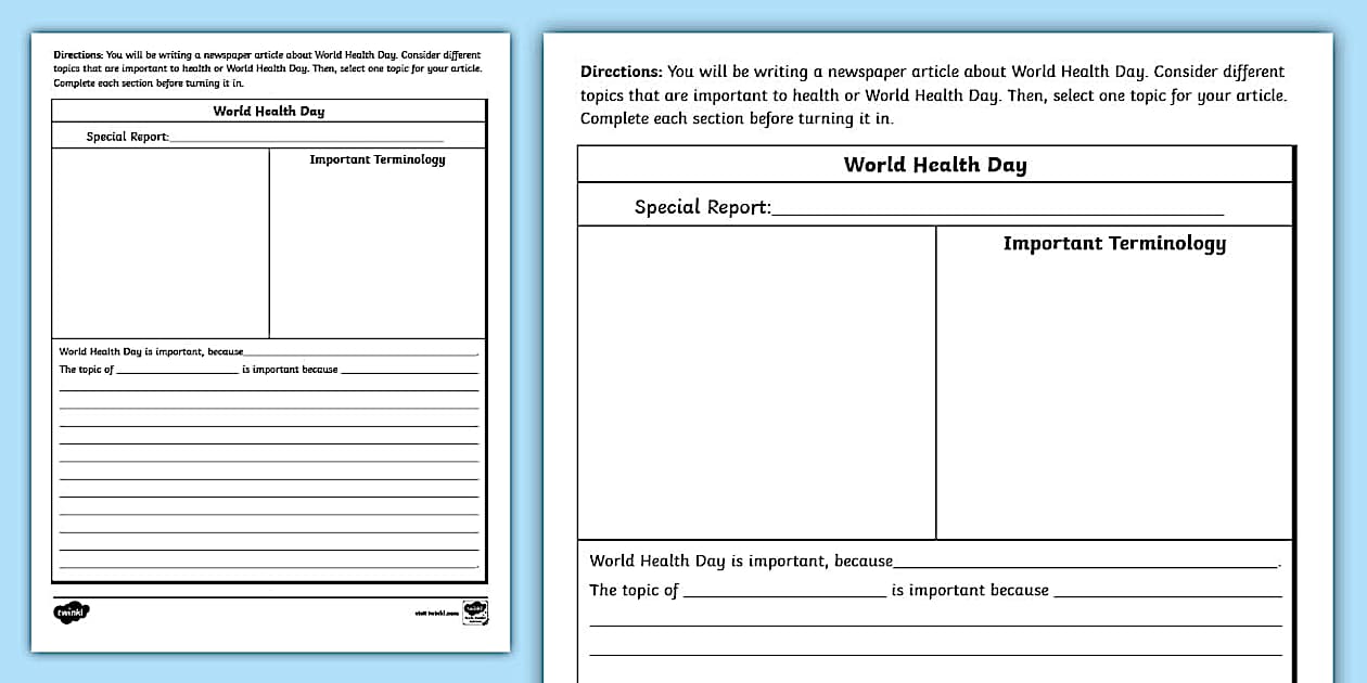 World Health Day Newspaper Article Template 3rd-5th Grade