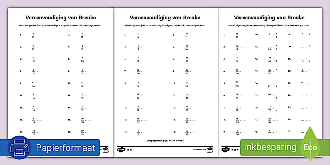 Werkkaarte Graad 4 Wiskunde Breuke Oefeninge - Twinkl