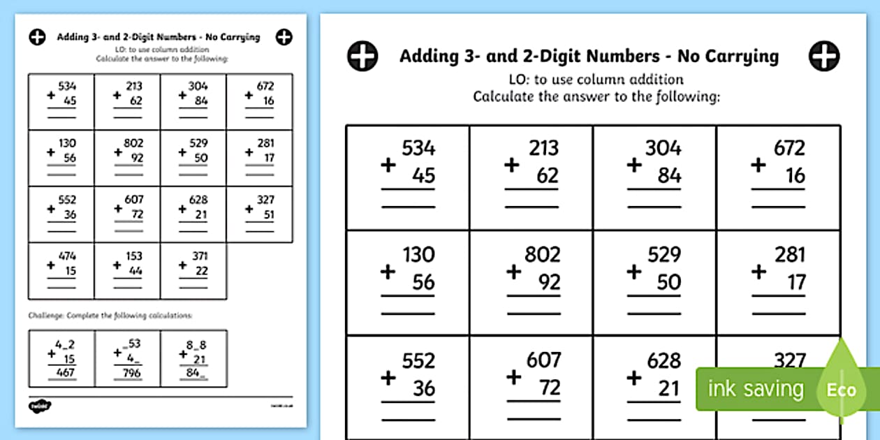 Adding 3 and 2 Digit Numbers in a Column with No Carrying Answers ...