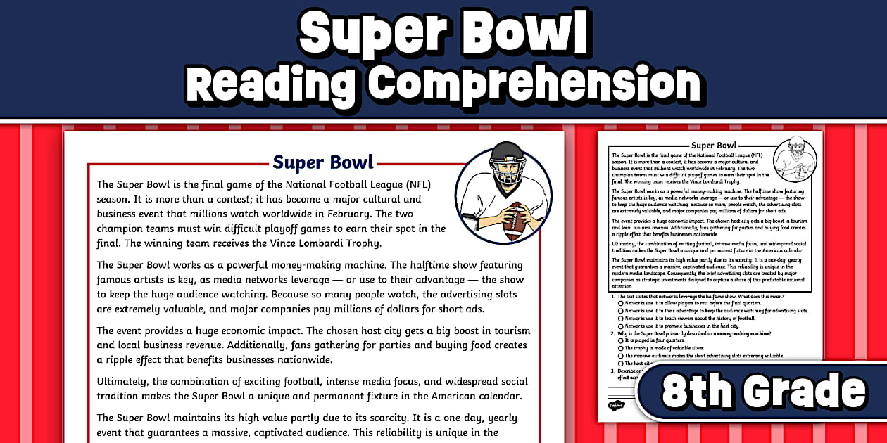 Eighth Grade Super Bowl Reading Passage Comprehension