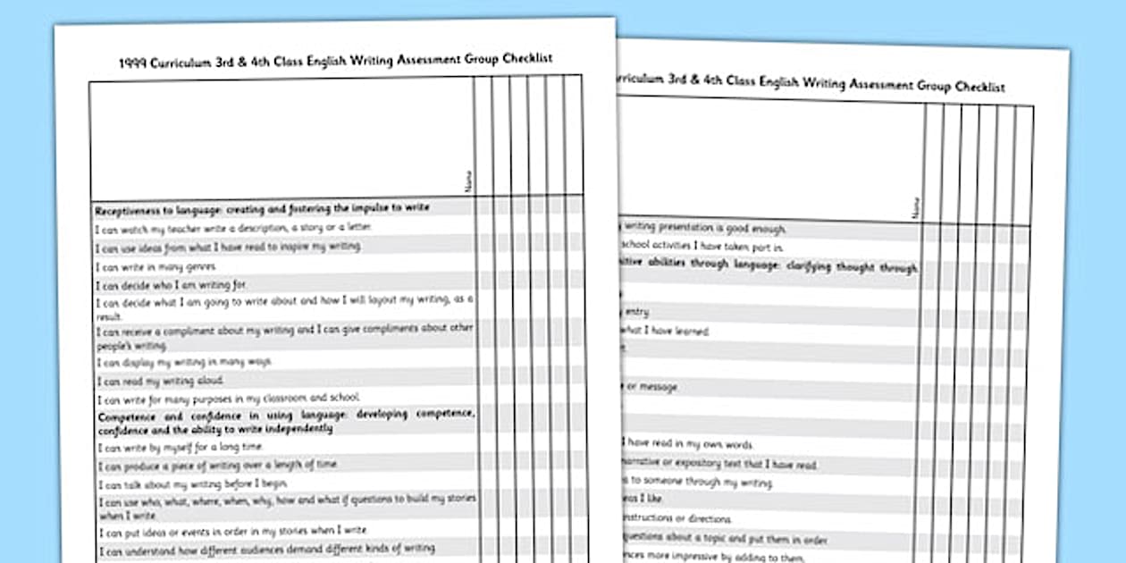 1999 Curriculum 3rd & 4th Class English Writing Assessment Group Checklist