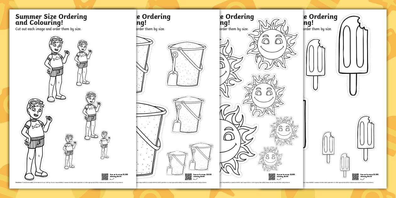 👉 Summer-Themed Size Ordering Objects Colouring Worksheets
