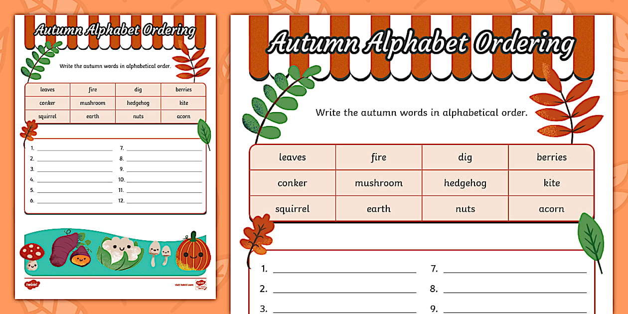 Autumn Alphabet Ordering Worksheet (teacher made) - Twinkl