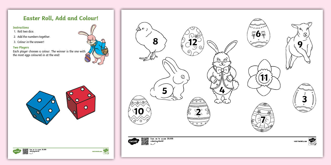 👉 Easter-Themed Roll, Add and Colour Worksheet - Twinkl