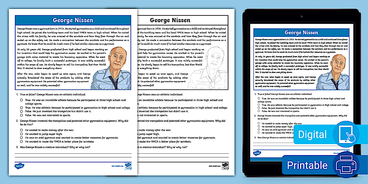 Eighth Grade George Nissen Reading Passage Comprehension