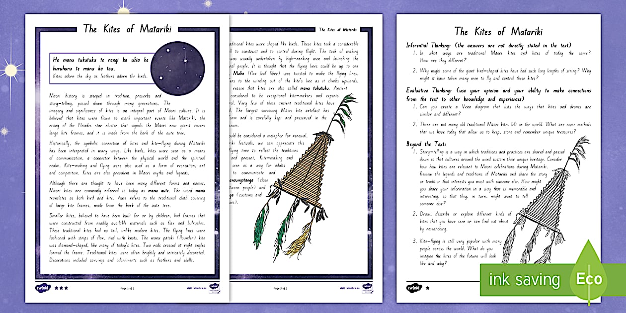 The Kites of Matariki Reading Activity