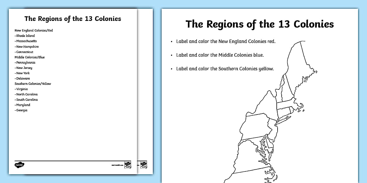 The Regions of the Thirteen Colonies Label and Color Worksheet for 3rd-5th