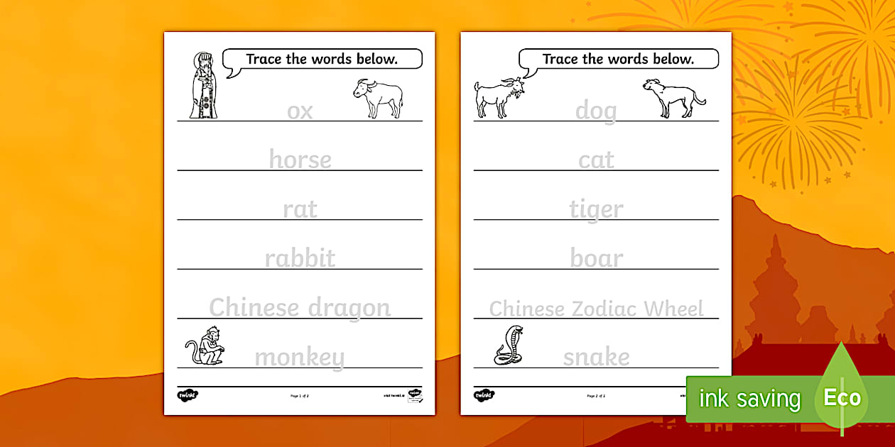 Chinese New Year Story Trace the Words Worksheets - Twinkl