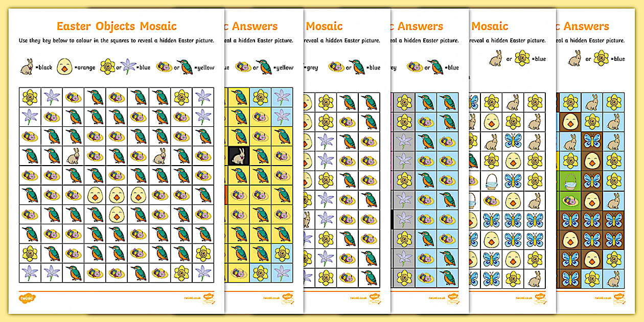 KS1 Easter Images Mosaic Activity Worksheets - Twinkl