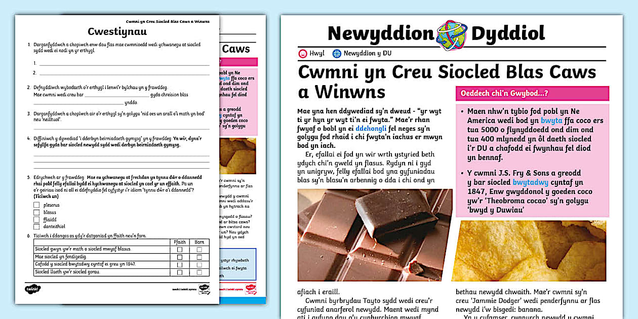 Newyddion Dyddiol: Siocled Caws a Winwns CC3 Uwch - Twinkl