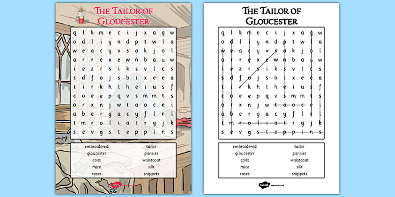 Black and White The Tailor of Gloucester Word Search (Beatrix Potter)