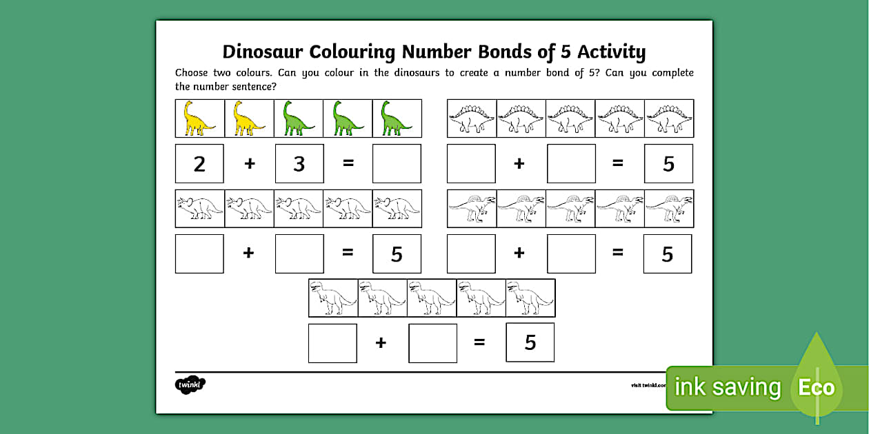 👉 Dinosaur Colouring Number Bonds to 5 Activity - Twinkl