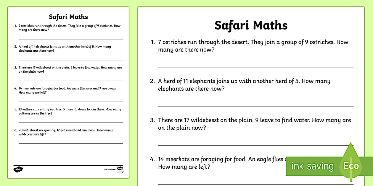 Editable Safari Themed Maths Word Problems Mixed to 20 Worksheet
