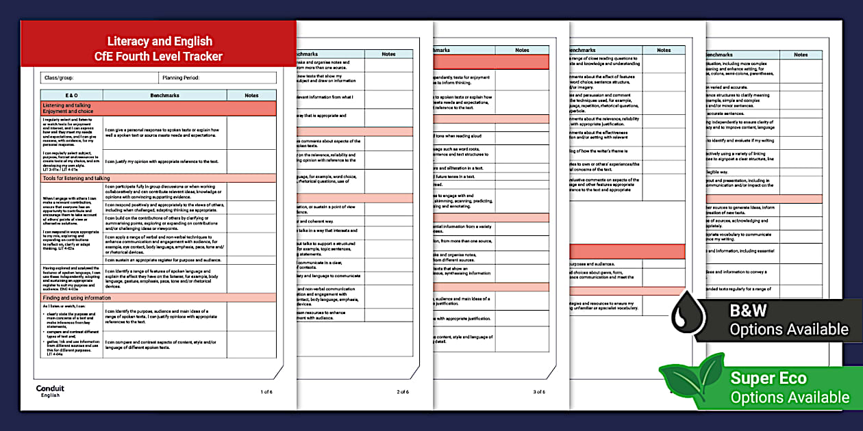 Literacy and English CfE Fourth Level Tracker (Teacher-Made)