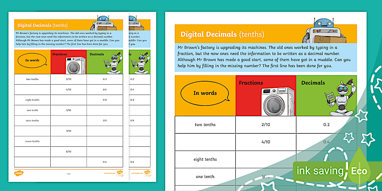 Digital Decimals (tenths) Activity Sheet (Teacher-Made)